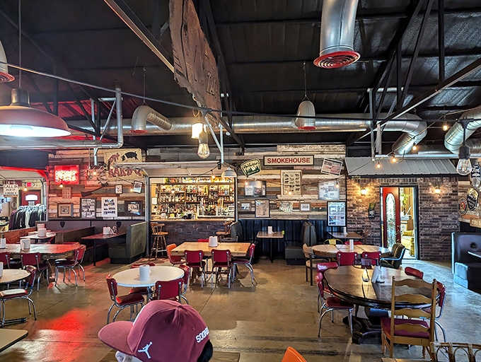 The dining area balances rustic charm with no-nonsense functionality&mdash;because when the food is this good, fancy tablecloths would just get in the way.