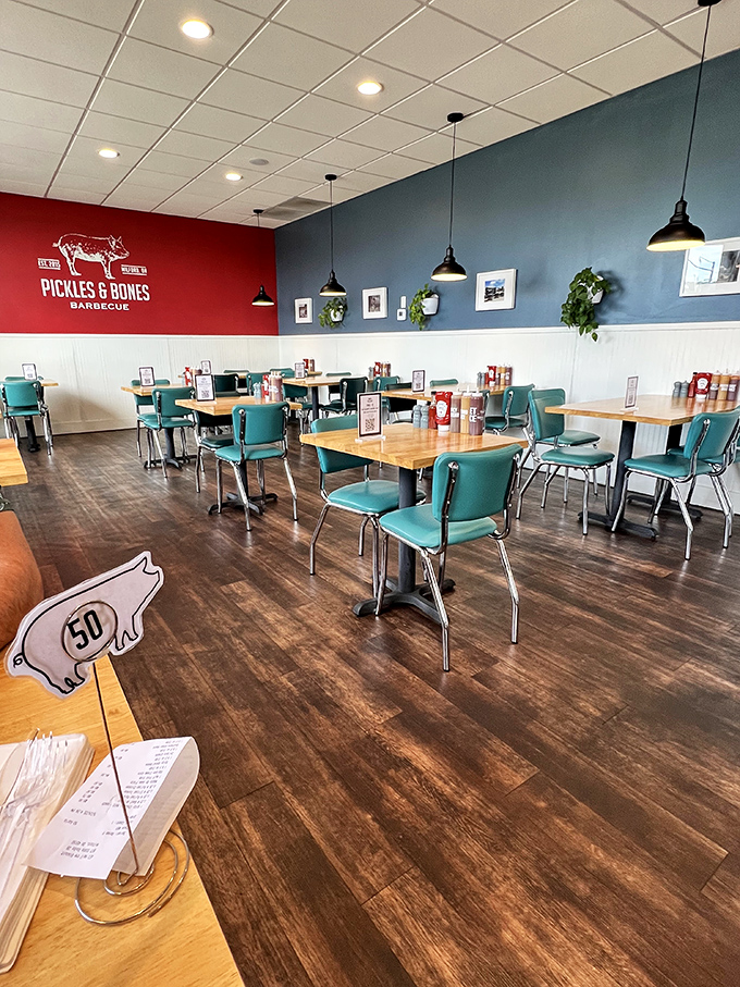 The dining room's retro-modern aesthetic hits that sweet spot between "comfortable enough to linger" and "stylish enough for Instagram."