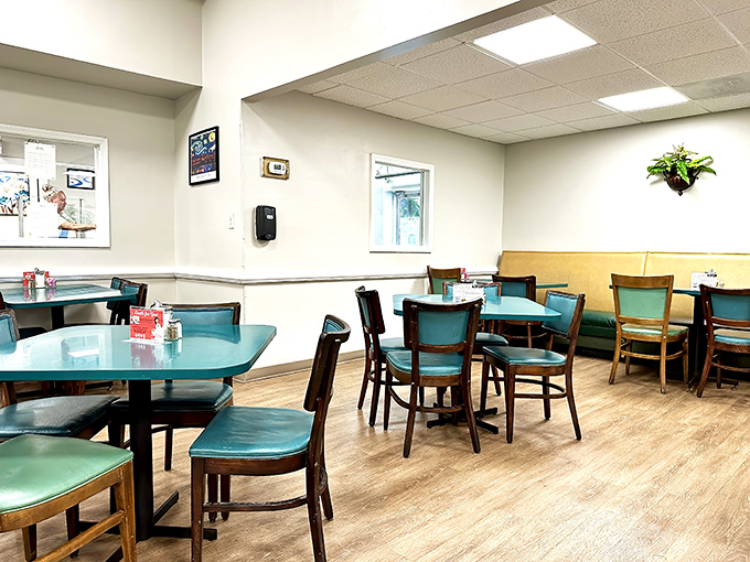 Another view of the dining room reveals the clean, no-nonsense approach to decor – where the food, not the fixtures, rightfully takes center stage.