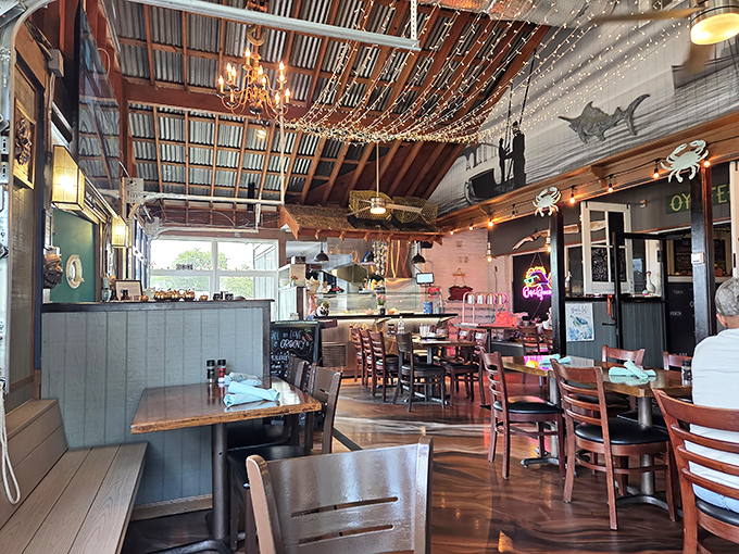 String lights and coastal charm create the kind of dining room where seafood stories are shared and new memories are made.