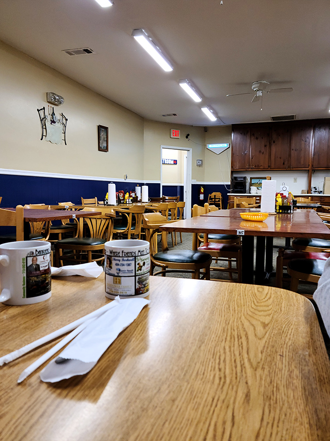 Simple wooden tables and chairs that have supported countless elbows, conversations, and clean plates over the years.