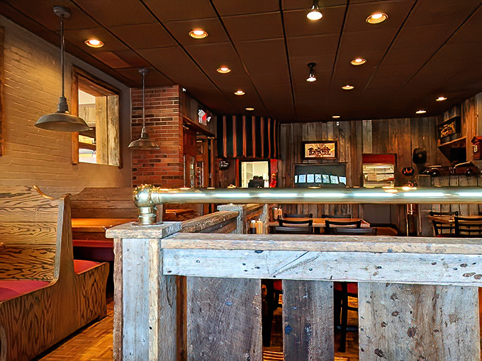 The dining area's weathered wood, exposed brick, and thoughtful lighting create that rare atmosphere where both first dates and family reunions feel equally at home.