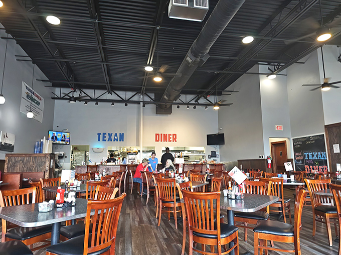 The dining area's industrial-meets-homey vibe strikes the perfect balance&mdash;like wearing your favorite jeans to a nice restaurant. Comfort with just enough polish.