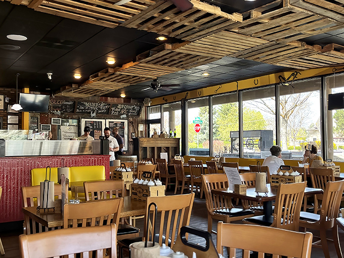 A dining room where calories don't count and napkins are essential equipment. The wooden chairs have witnessed countless "food happy dances."