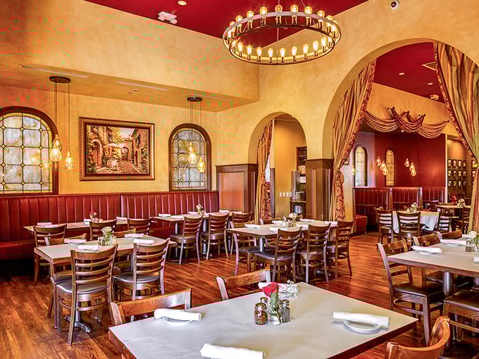 The dining room's rich colors and circular chandeliers create the perfect backdrop for the main event&mdash;food worth lingering over.