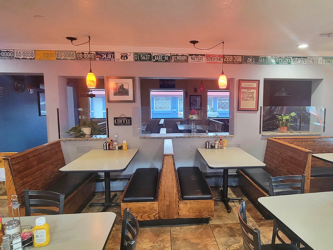 Where license plates meet laminate tables&mdash;a dining room that says "we care more about your breakfast than our interior designer's vision."