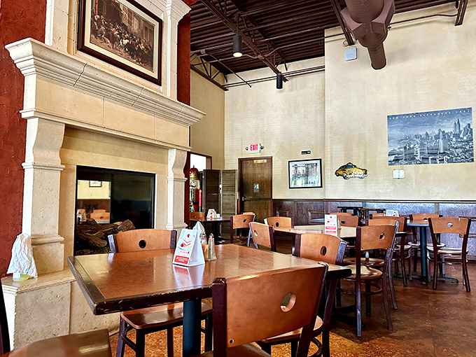 The dining area where memories are made, one schnitzel at a time &ndash; that fireplace isn't just for show, it's warming generations of happy diners.