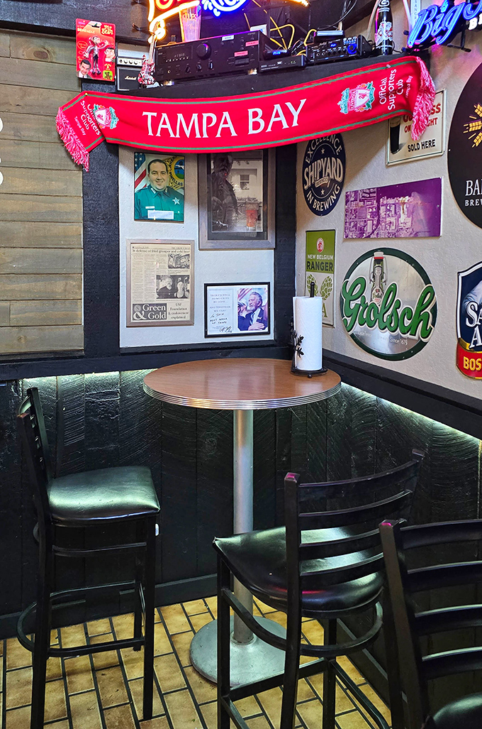 Where Tampa Bay sports memorabilia meets cold drinks and warm conversation. This corner booth has probably witnessed more local debates than city hall itself.