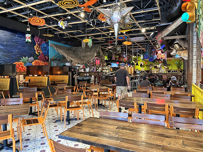 The dining room feels like the set designer from a Tarantino film collaborated with your fun-loving Mexican aunt. Sensory overload in the best possible way.