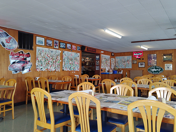 Tables covered in newspaper &ndash; because fancy tablecloths would just get in the way.