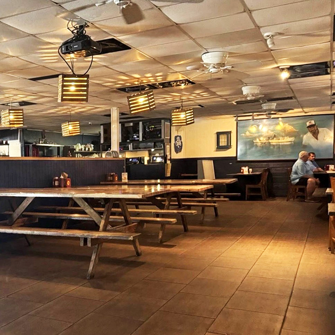 Wooden picnic tables and nautical touches create the laid-back dining room where calories don't count and seafood reigns supreme.