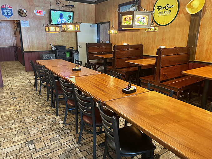 The dining area balances rustic charm with comfortable seating, like your favorite aunt's house&mdash;if she happened to make incredible Mexican food.