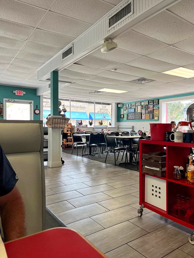 Turquoise accents and comfortable seating create the perfect backdrop for morning conversations and coffee refills that appear like magic.