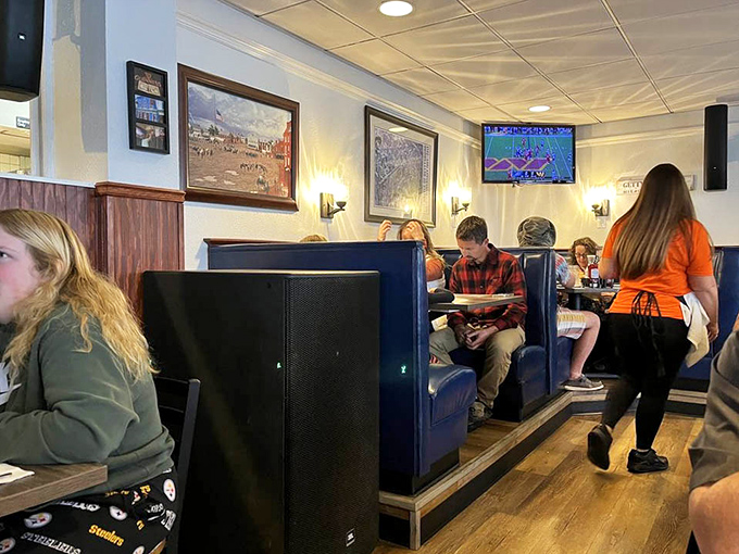The dining area balances sports bar energy with historical reverence, where you can contemplate Pickett's Charge while watching the Phillies charge the bases.