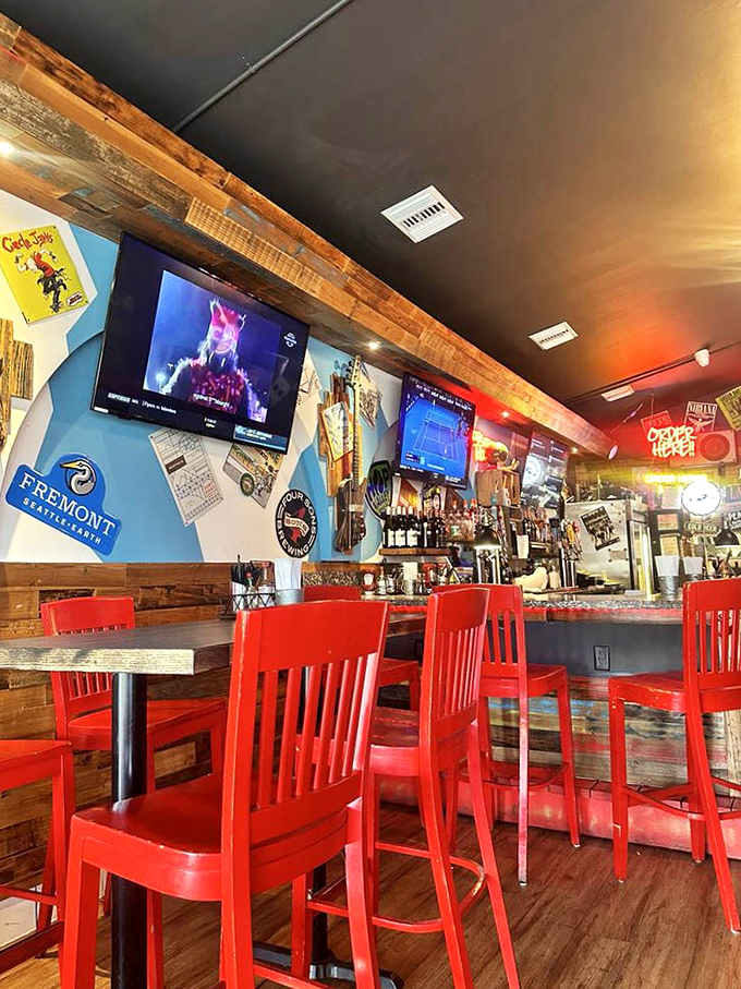 Sports on TV, wooden accents, and those signature red chairs &ndash; it's the seafood equivalent of your favorite neighborhood hangout. 