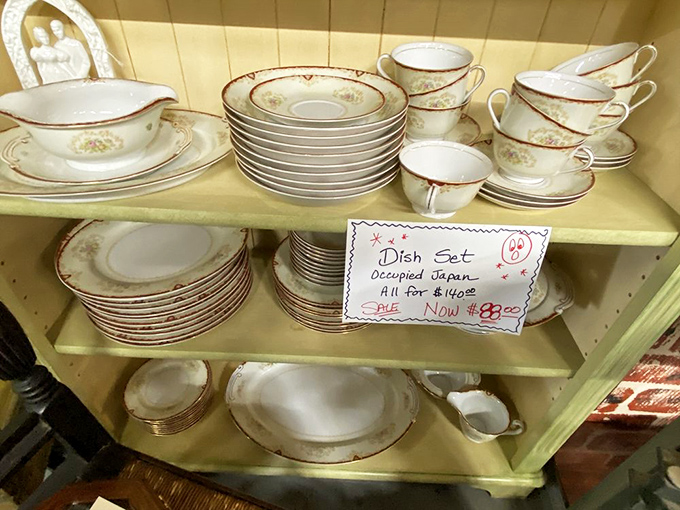 "Occupied Japan" dishware that survived an ocean journey and decades of history to arrive at this humble shelf with its delicate floral pattern intact.
