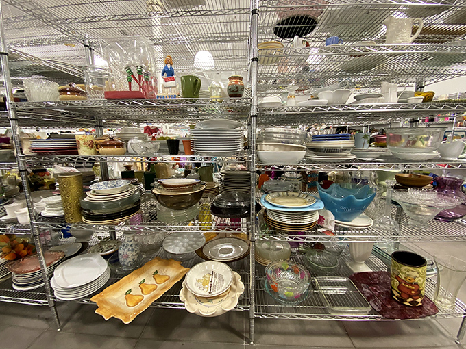 Plates and bowls stacked like ceramic geology, each layer telling the story of dinner parties and holiday meals past.