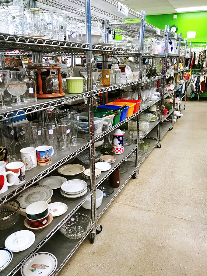 Glassware galore for the eclectic entertainer. Mix-and-match dinner parties start here, where vintage mugs sit alongside crystal that once graced formal tables.