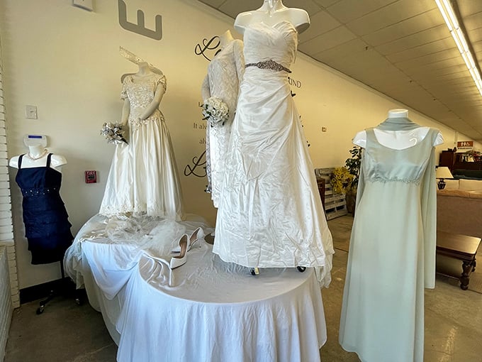 Wedding dresses get their second chance at romance. Something borrowed, something new-to-you, and definitely something blue-light special.