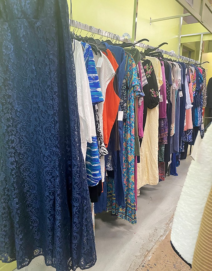 The dress section &ndash; where formal wear gets a second chance at romance. That blue lace number has stories it's not telling.