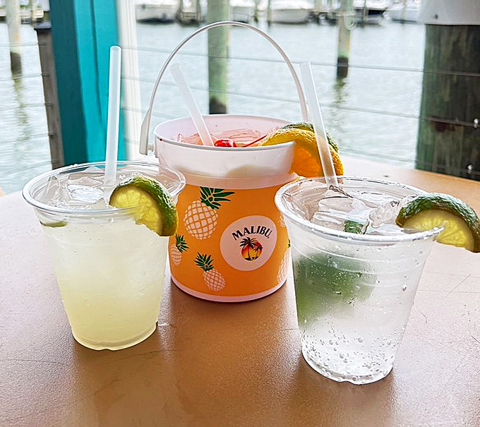 Colorful cocktails with a waterfront view&mdash;because nothing complements crab like something cold, fruity, and strong enough to make you forget the mess you're making.