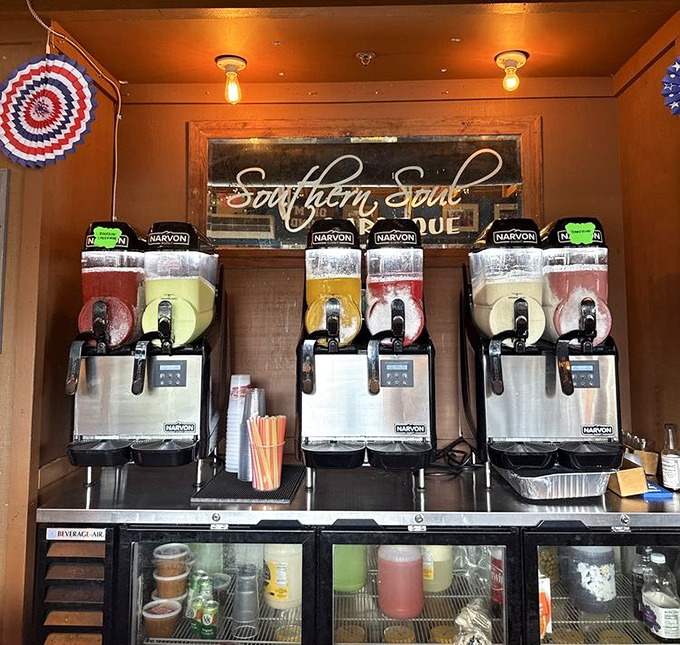 The frozen drink machines stand ready like colorful soldiers, prepared to battle Georgia heat one frosty sip at a time.