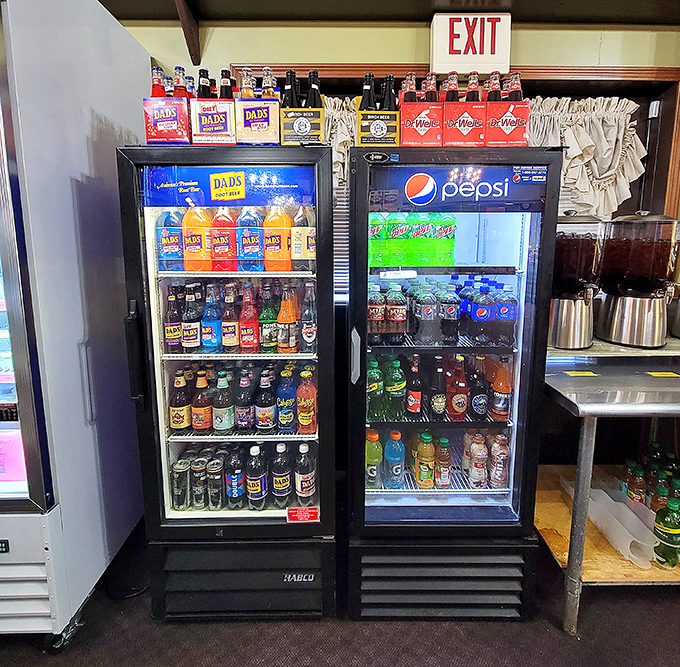 The drink coolers stand ready like soldiers guarding liquid refreshment &ndash; a rainbow of options to wash down your Amish feast.