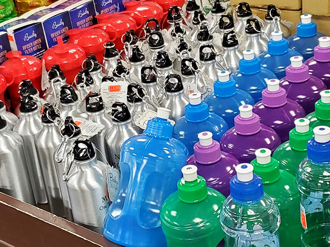 A rainbow of water bottles and cleaning supplies that makes stocking up feel less like adulting and more like smart economics.