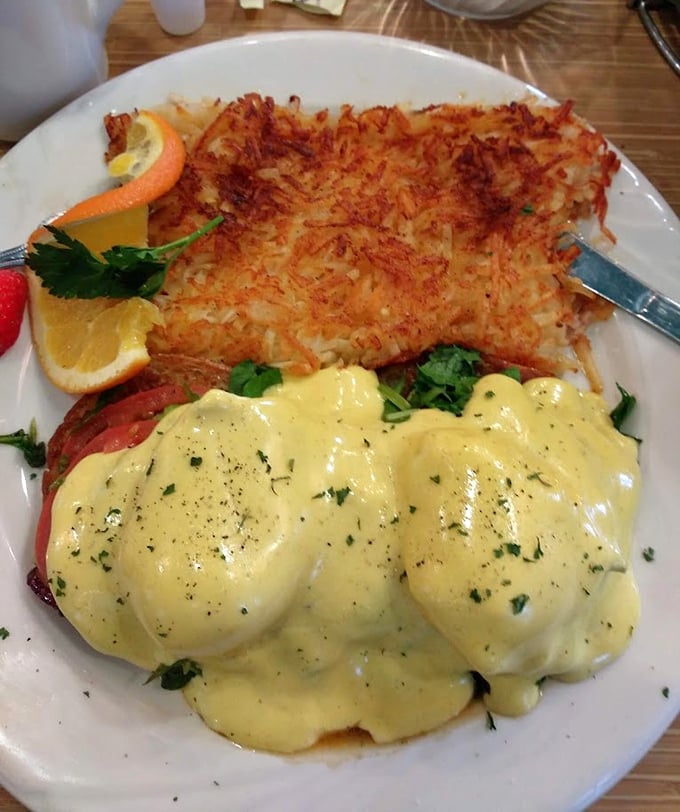 Eggs Benedict with perfectly crisp hash browns&mdash;the breakfast equivalent of wearing a tuxedo while still being comfortable.