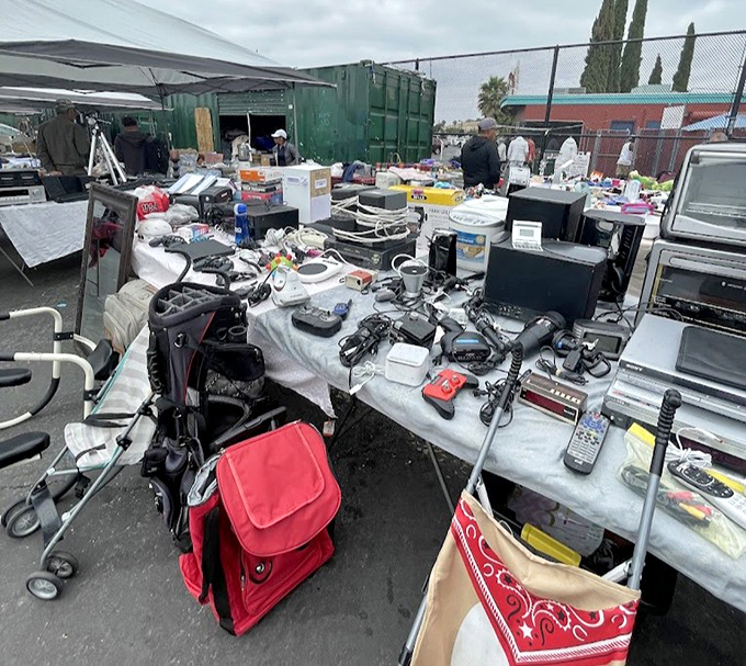 The electronics section is a time capsule of technology where vintage gadgets meet modern bargain hunters searching for that one irreplaceable part.