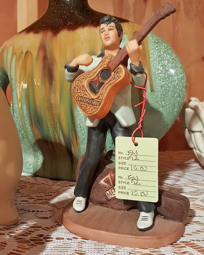 The King lives on in ceramic form, complete with price tag. This rockabilly treasure waits patiently for the perfect mantelpiece to call home.