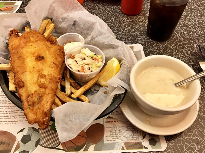 Fish and chips that would make the British jealous, with a side of creamy chowder that whispers, "New England knows seafood."
