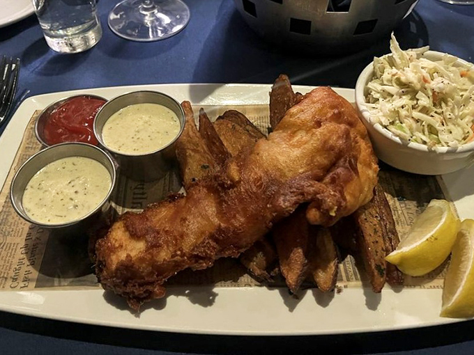 Fish and chips that would make a British pub jealous, with golden batter so crisp you can practically hear it crackle.
