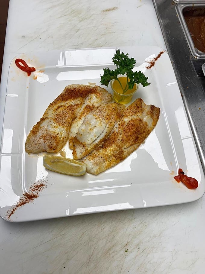 Delicately seasoned flounder that proves breakfast isn't the only meal The Legend has mastered.