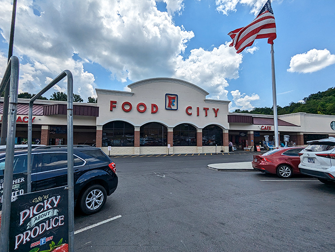 Even the Food City flies the flag proudly, because in Dandridge, grocery shopping comes with a side of patriotism and friendly conversation.