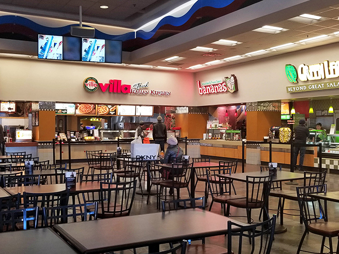 The food court offers a welcome respite for weary shoppers. Villa Fresh Italian Kitchen and Bananas prove that bargain hunting requires proper refueling.