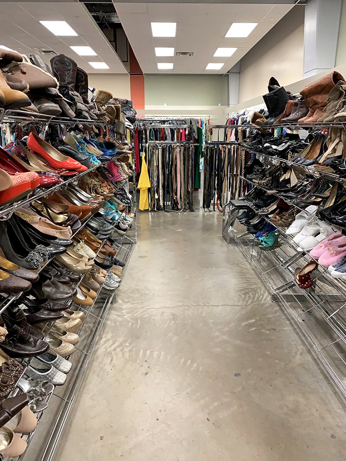 The shoe aisle: a veritable footwear museum where designer heels and practical boots live side by side in democratic, affordable harmony.