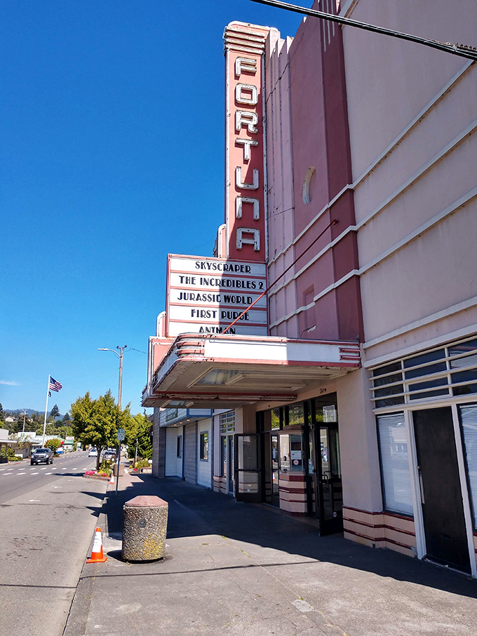 The vintage Fortuna Theatre marquee stands as a technicolor reminder that small-town entertainment still thrives here.