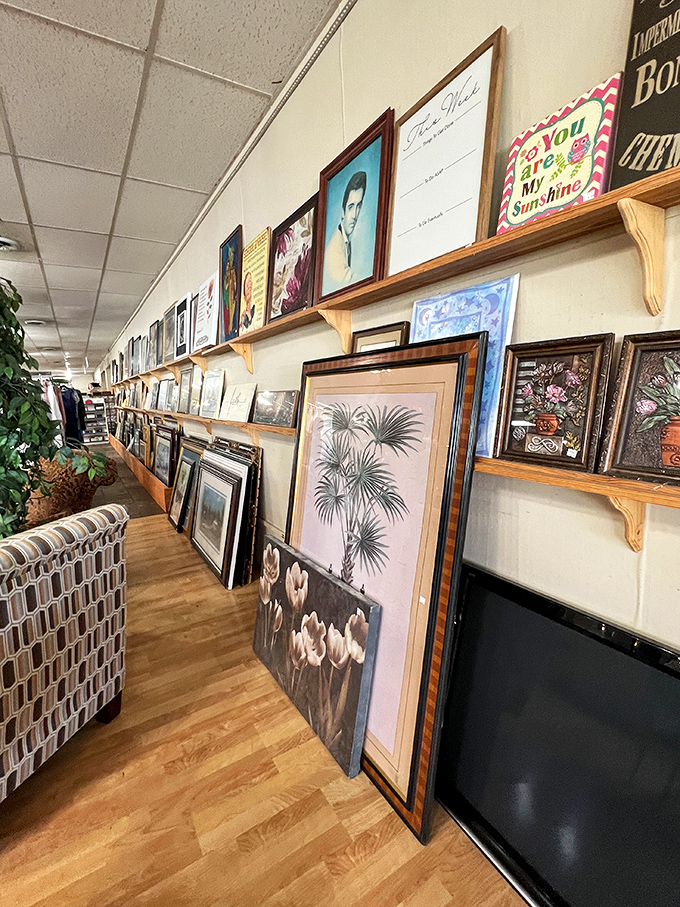 A gallery wall of forgotten art and frames awaits new homes. That palm print could transform your bathroom from blah to spa faster than you can say "renovation."
