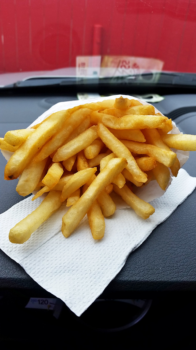 Car dashboard dining at its finest. These fries won't make it home - they're destined to disappear at every red light.