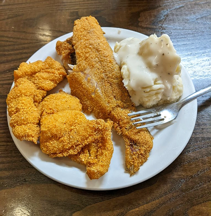 Fried catfish so perfectly golden it deserves its own trophy. Paired with those cloud-like mashed potatoes, it's Missouri river cuisine at its finest.