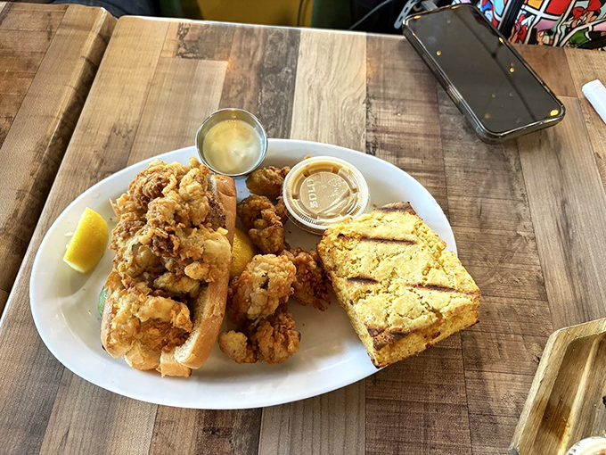 Fried seafood heaven on a plate &ndash; crispy golden morsels nestled in a soft roll with cornbread on the side. Diet plans, beware.