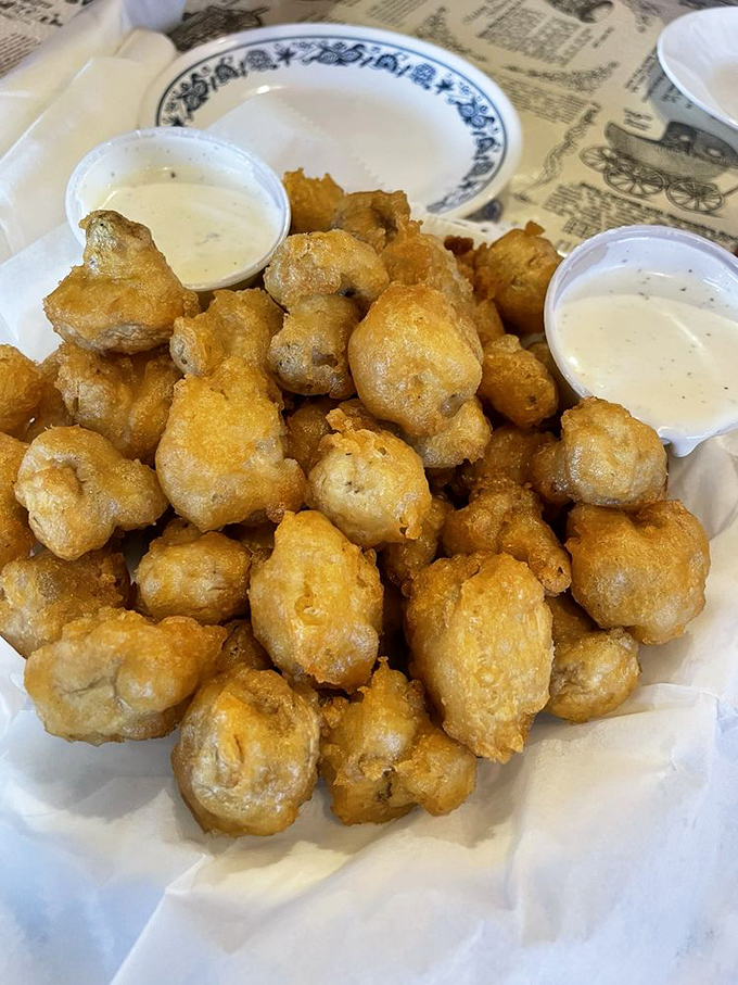 Mushrooms wearing their golden-fried Sunday best, ready to be dunked in creamy dipping sauce. Vegetables have never been this much fun.