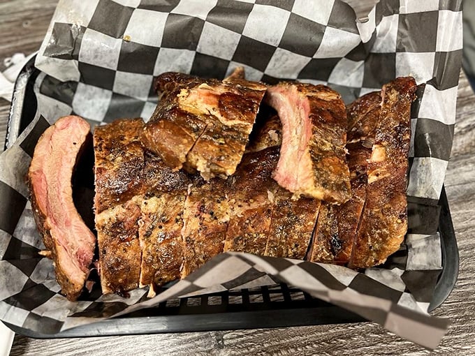 Those baby backs are cut perfectly, each rib a testament to the art of slow smoking.