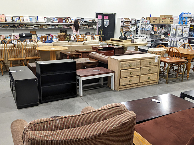 The furniture section: where solid wood pieces with good bones sit patiently, dreaming of Pinterest makeovers and second chances.