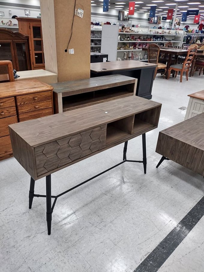 Mid-century meets modern in this furniture display. That honeycomb-front console table is begging to become the conversation piece in your living room.