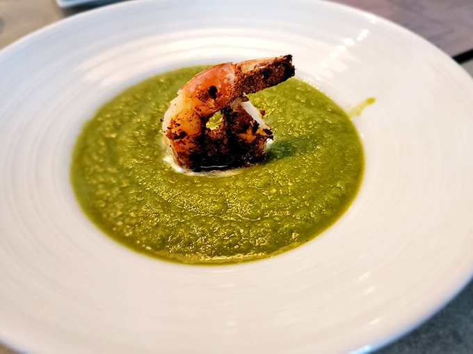 A vibrant green gazpacho that's like summer in a bowl, with that lone shrimp playing king of the mountain.