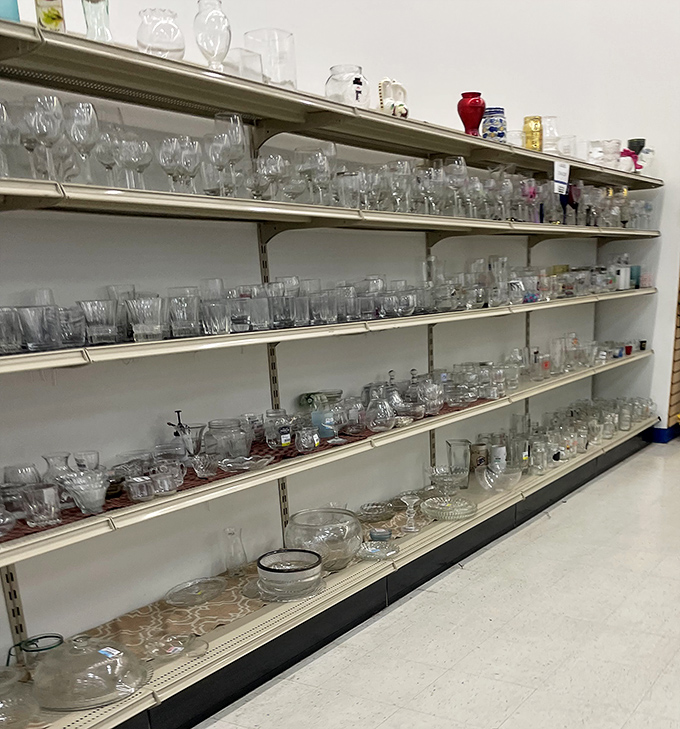 Crystal, glass, and memories by the shelf-full. These vessels have toasted weddings, held flowers, and are ready for their second act.