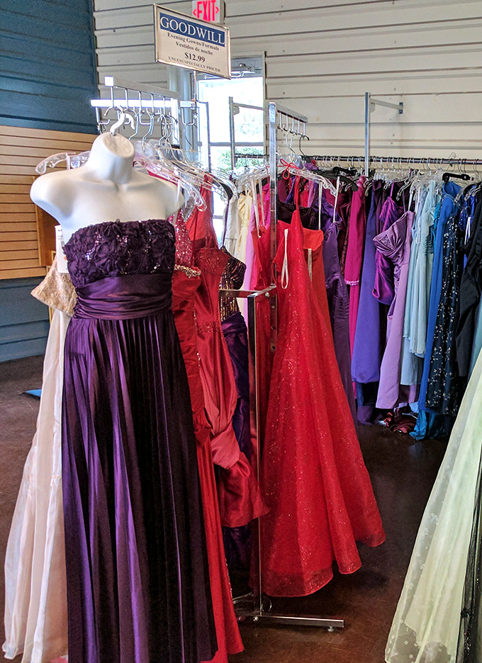 Formal gowns hang like Cinderella possibilities, waiting to transform someone's prom, wedding, or just really fancy Tuesday night.