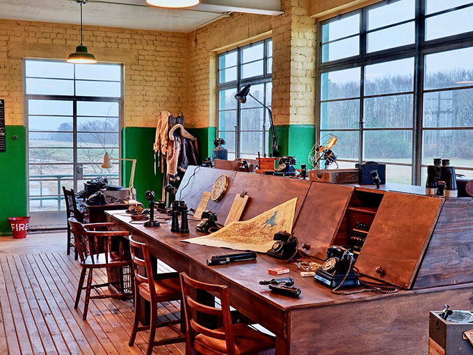 The control tower recreation features authentic period details down to the maps, telephones, and the ever-present military typewriters.
